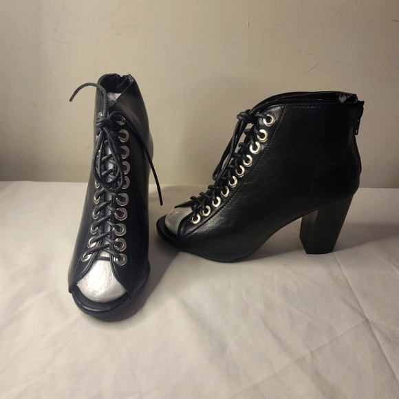 Unknown | Shoes | Black Lace Up Grommets Zip Open Toe Block High Heel ...